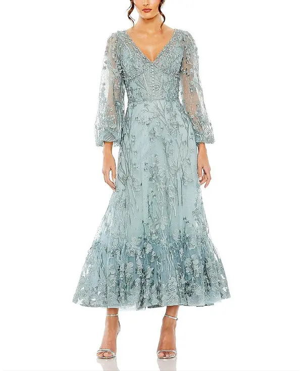 Mac Duggal A-line Embellished Mesh Dress - Seafoam