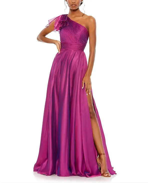 Mac Duggal Pleated One Shoulder Chiffon Gown - Raspberry