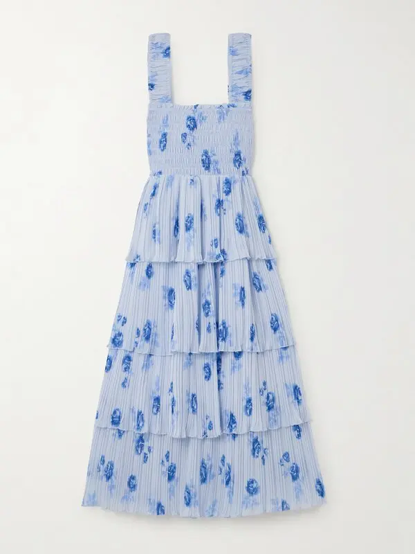 Ganni Ruffled Shirred Pleated Georgette Midi Dress In Blue - 50% Off |  Editorialist