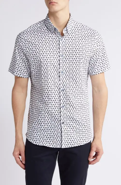 Stone Rose Bee Print Short Sleeve Stretch Button-up Shirt