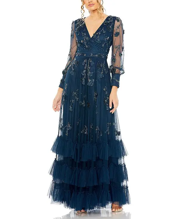 Mac Duggal Mesh Long Sleeve Tiered Gown