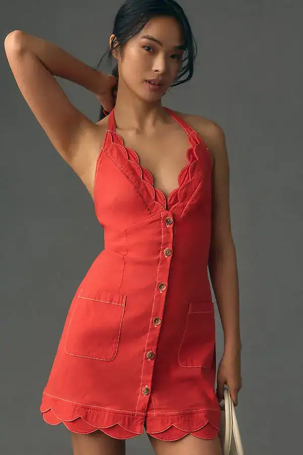 Maeve Halter V-Neck Scallop Mi Dress In Red - 68% Off | Editorialist
