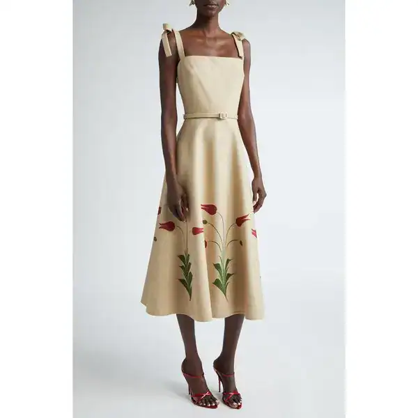 Oscar De La Renta Marbled Tulip Print Belted Midi Dress In Linen/Red - 70%  Off | Editorialist