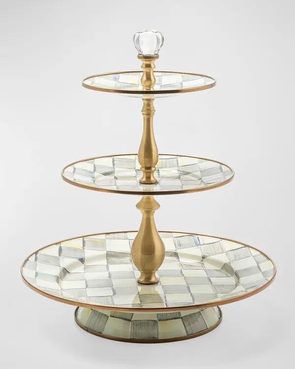 MACKENZIE-CHILDS Sterling Check Enamel Three Tier Sweet Stand - One-color