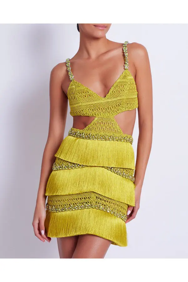 Patbo Hand-Beaded Fringe Mini Dress - Green | Editorialist