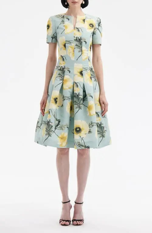 Oscar De La Renta Floral Pleated Fit & Flare Dress In Sage/Yellow - 82% Off  | Editorialist