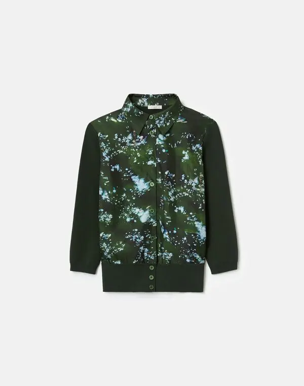 Lafayette 148 New York Splattered Glaze Print Silk & Finespun Voile Cardigan - Deep Moss