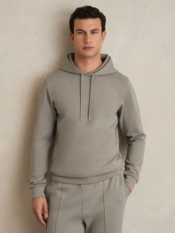 REISS Fabien Interlock Jersey Hoodie - Taupe