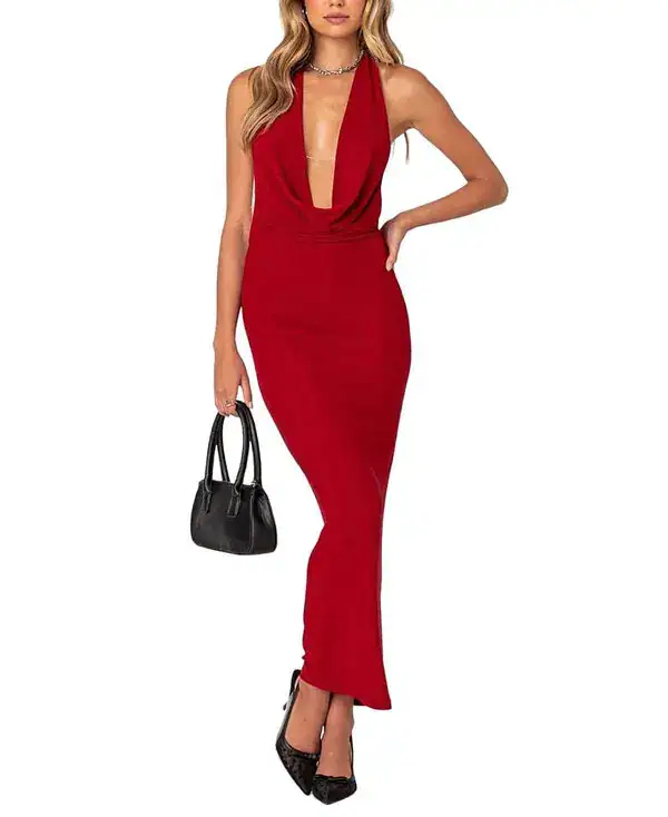 Edikted Cowl Neck Open Back Maxi Dress In Red - 25% Off | Editorialist