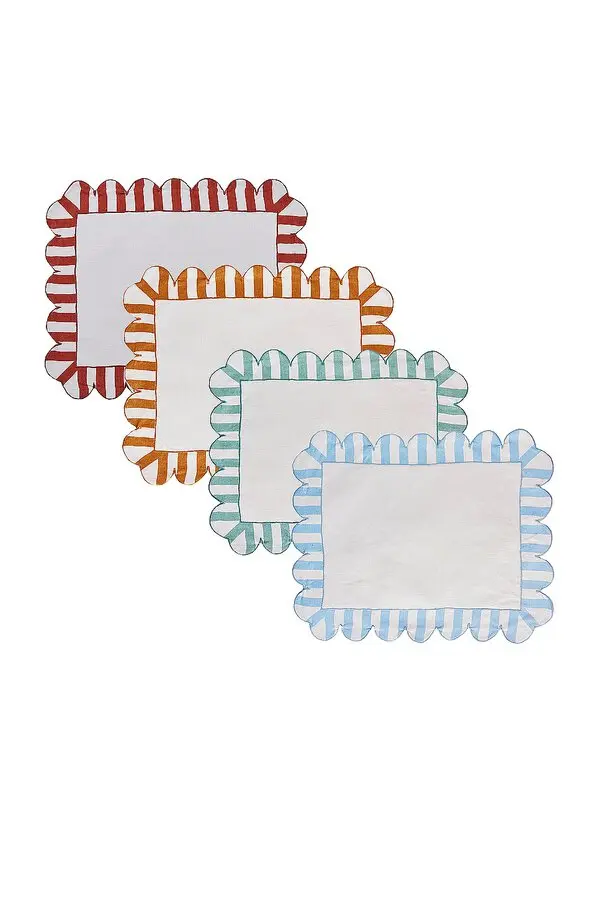 MISETTE Embroidered Linen Scalloped Stripe Placemats Set Of 4 In Teal - Natural & Multicolor
