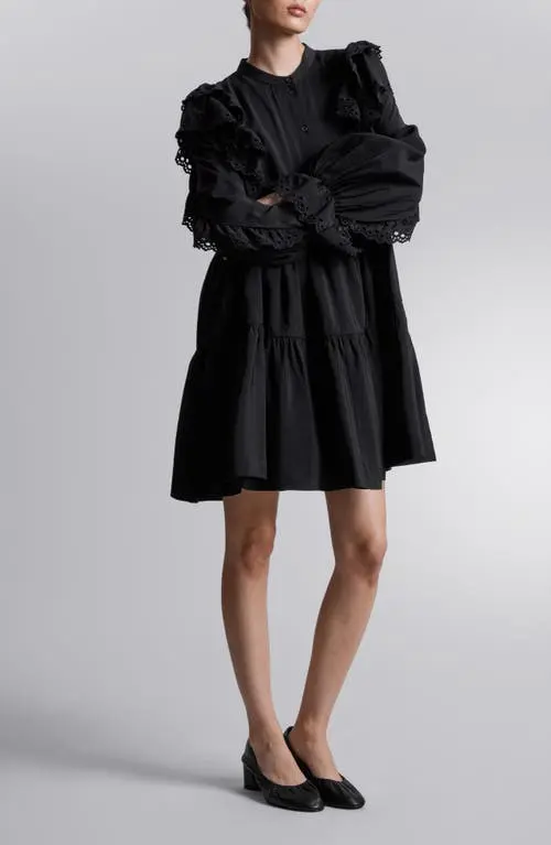 Other Stories Eyelet Ruffle Long Sleeve Mini Shirtdress In Black