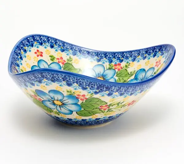 LIDIA'S POLISH POTTERY Hand Painted Triangle Fruit Bowl