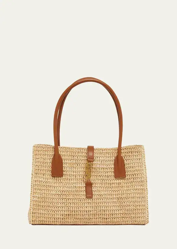 Saint Laurent Raffia And Leather Tote Bag Naturel Brick