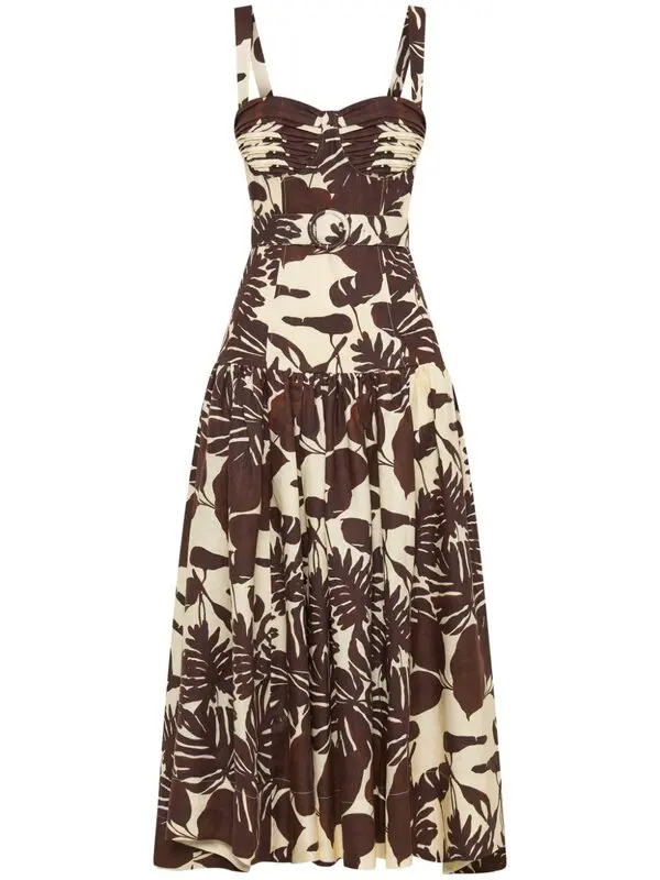 NICHOLAS Drenica Botanical-print Linen Dress - Brown