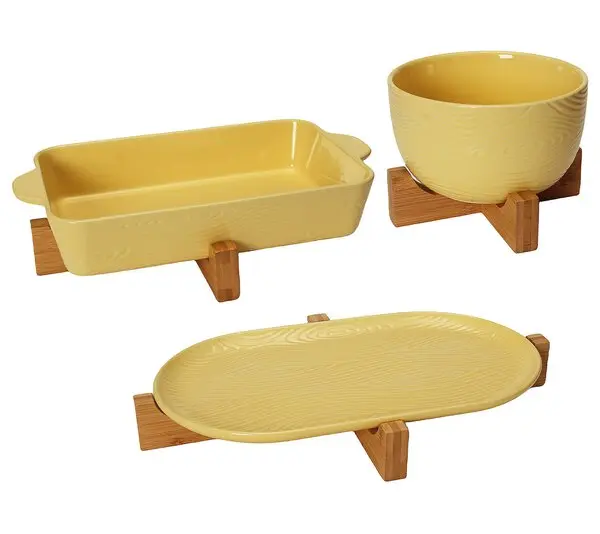 TEMP-TATIONS Woodland Essential 3-pc Bakeware W/ Wood Trivets