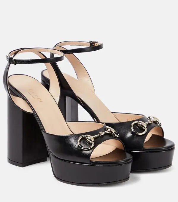Gucci Lady Horsebit Leather Platform Sandals - Black