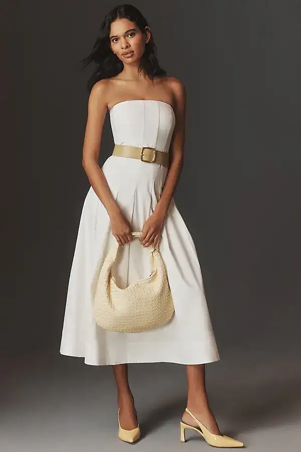 bella dahl a line dress Berylove Women Strapless Formal Dress White Ruffled A Line Midi Dress main image 0