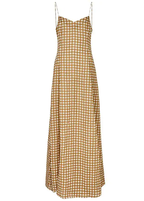 brown gingham maxi dress Rihoas Checkered Square Neck Midi Dress main image 0