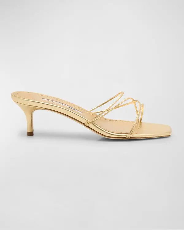 Manolo Blahnik Strappy Metallic Leather Slide Sandals - Gold