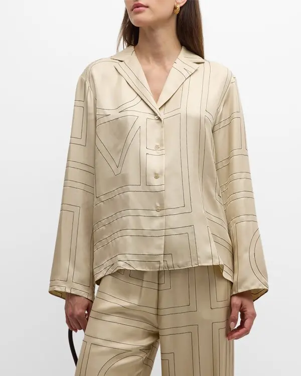 TOTÊME Monogram-embroidered Silk Pajama Top - Natural