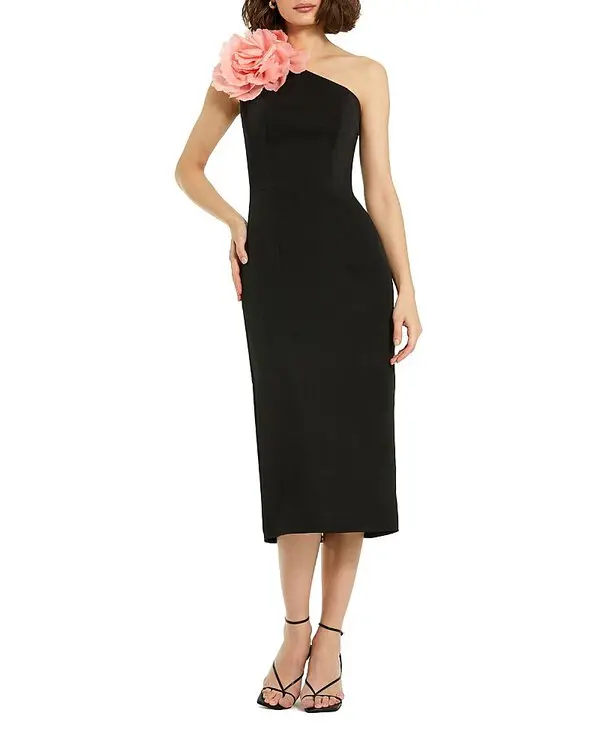 Mac Duggal Crepe One-shoulder Midi Dress With Floral Applique - Black