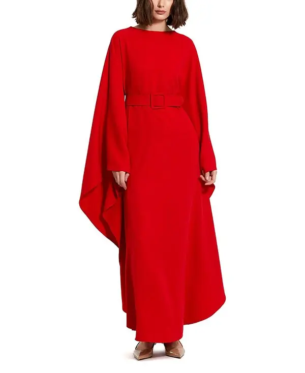 Mac Duggal Crepe Boat Neck Gown With Belt And Shawl - Cherry