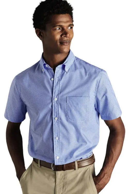 CHARLES TYRWHITT Slim Fit Button-down Collar Non-iron Stretch Mini Gingham Short Sleeve Shirt - Ocean Blue