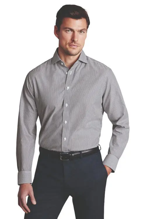 CHARLES TYRWHITT Stripe Non-iron Button-down Oxford Slim Fit Shirt Single Cuff - Black