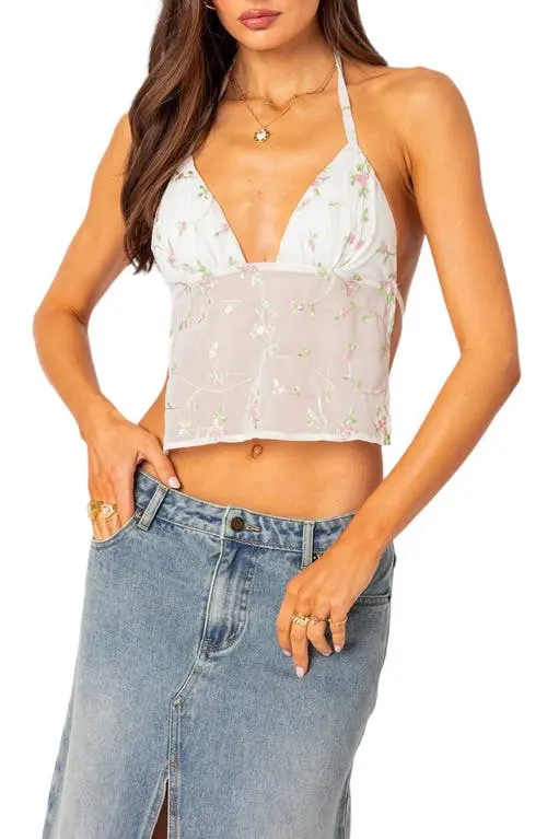 EDIKTED Embroidered Floral Halter Crop Top