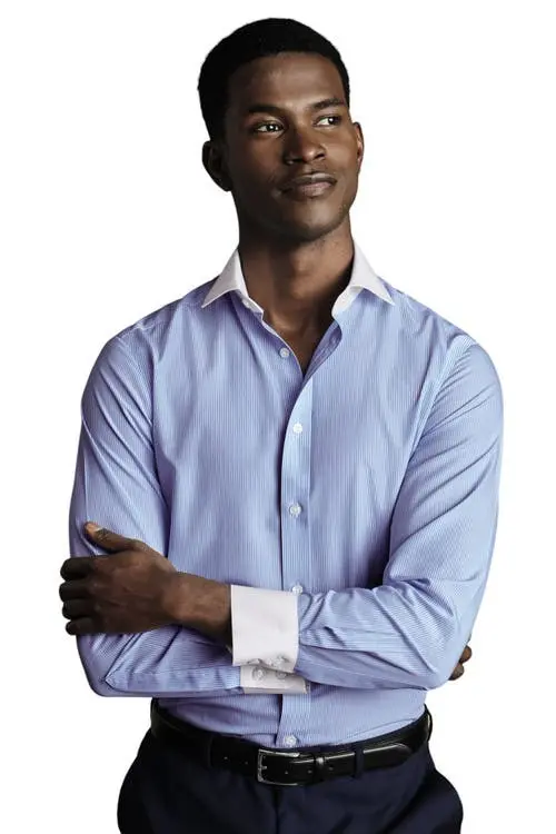 CHARLES TYRWHITT Winchester Bengal Stripe Non-iron Poplin Slim Fit Shirt Single Cuff