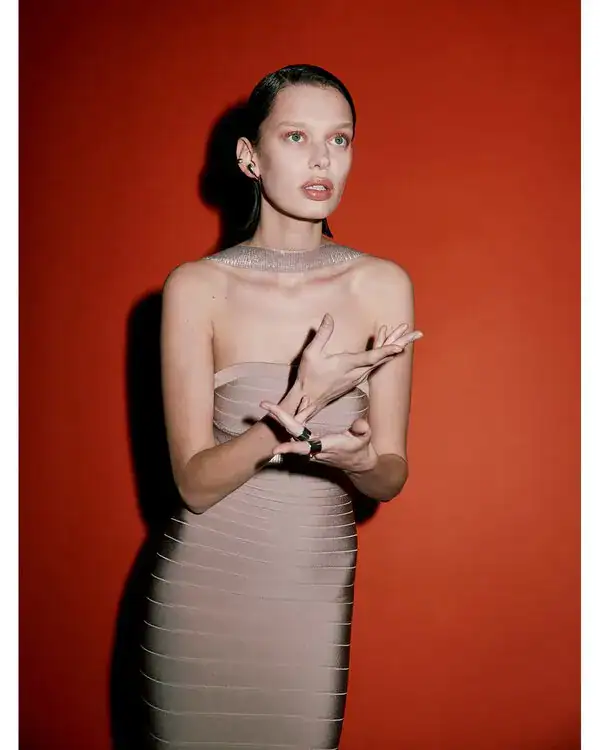 Herve Leger Bruna Reverse Halter Gown In Bare - 70% Off | Editorialist