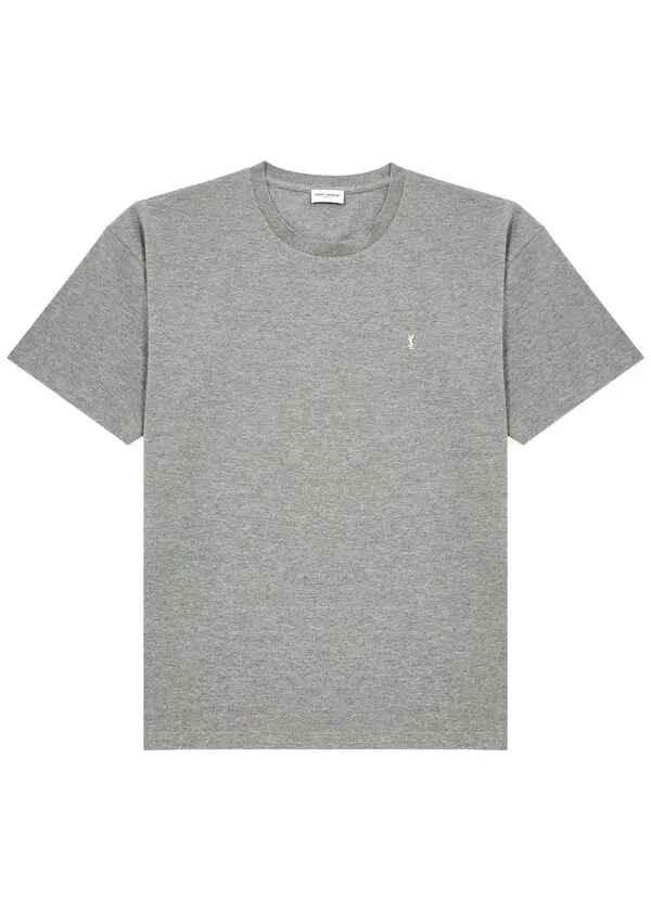 Saint Laurent Cassandre Logo-embroidered Cotton-blend T-shirt - Grey