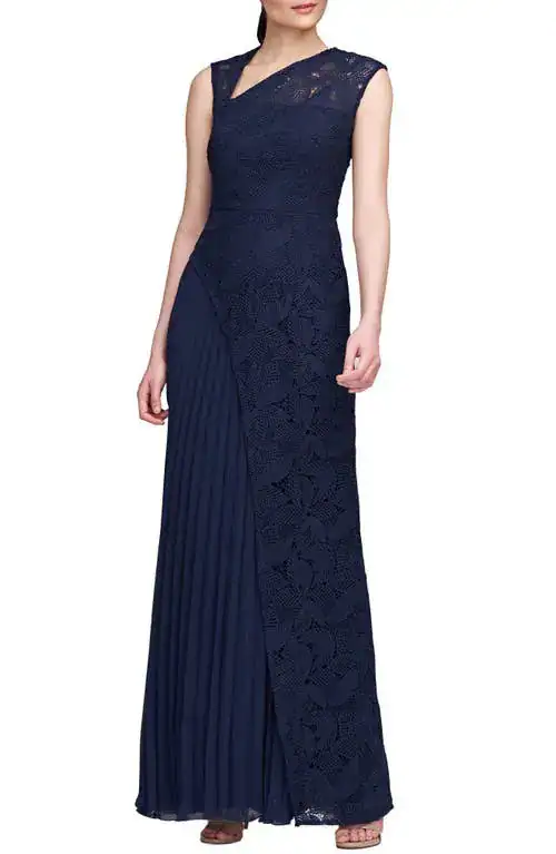 Kay Unger Dianna Lace Pleated Gown In Dark Midnight - 50% Off | Editorialist