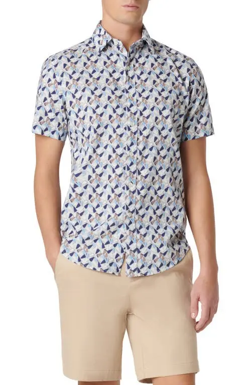 Bugatchi Orson Geo Print Short Sleeve Cotton & Linen Button-up Shirt