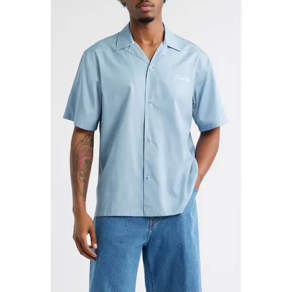 Carhartt Work In Progress Delray Cotton & Lyocell Camp Shirt - Frosted Blue / White