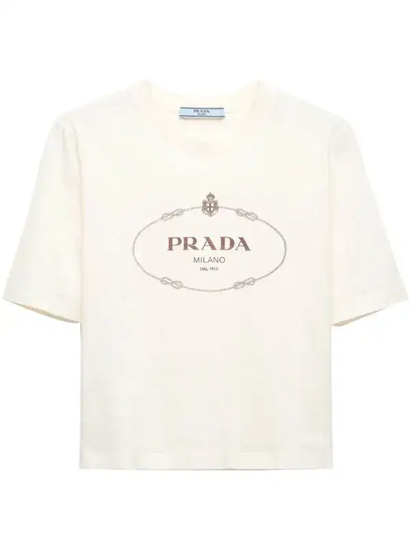 Prada Logo-Print Cropped T-Shirt - Neutrals | Editorialist