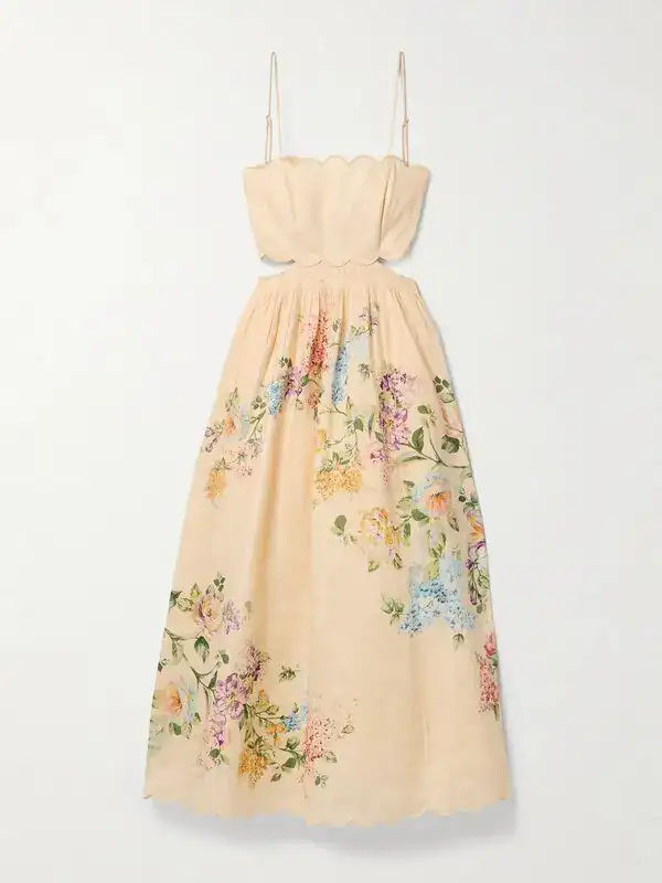 Zimmermann Halliday Cutout Scalloped Floral-Print Linen Midi Dress In Cream  - 40% Off | Editorialist