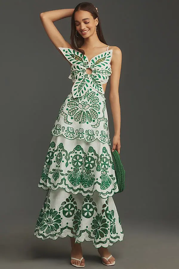farm rio green richelieu midi dress Farm Rio Flower Richelieu Len Midi Dress - Multicolor