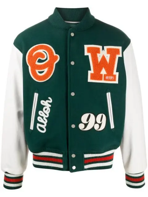 Off-White Leather Logo Patch Varsity Jacket - Dark Green/orange