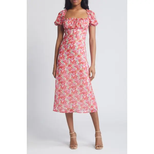 WAYF Felicity Floral Print Midi Dress - Red/purple Roses