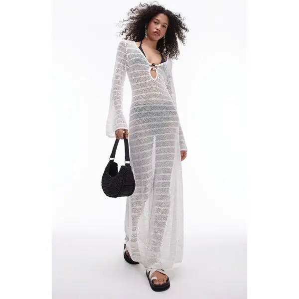 Topshop Open Stitch Long Sleeve Cotton Blend Maxi Dress In White - 45% Off 