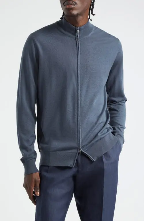 Thom Sweeney Merino Wool Zip Cardigan - Slate Blue