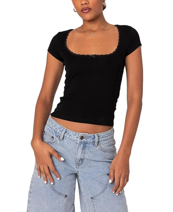 EDIKTED Priscilla Lace Trim T-shirt - Black