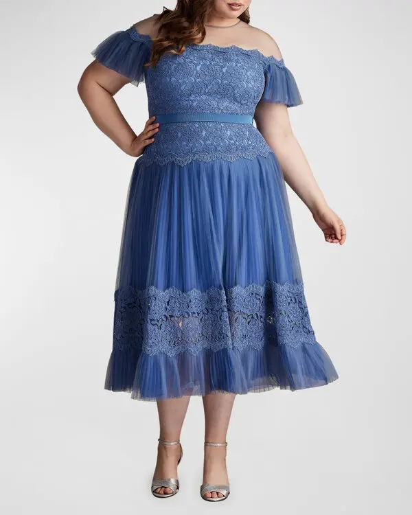 Tadashi Shoji Pleated Floral Lace Midi Dress - Blue Stone