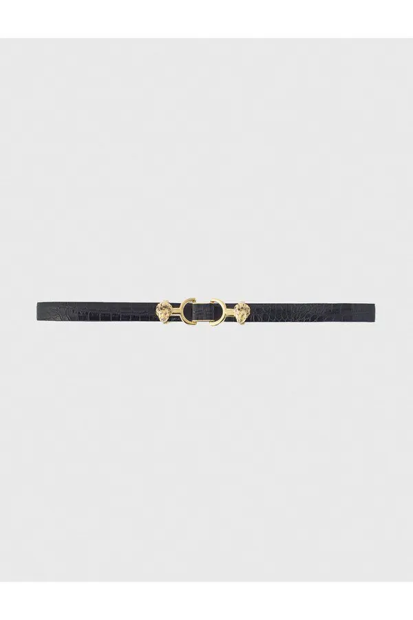 Maje Thin Leather Belt With Lion Bit - Black