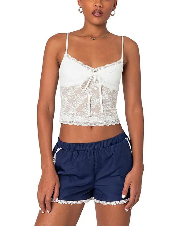 EDIKTED Cami Sheer Lace Tank Top - White