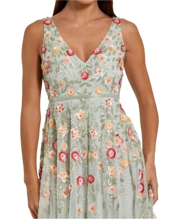 Mac Duggal Floral Embellished V-neck Midi Dress - Sage Multi