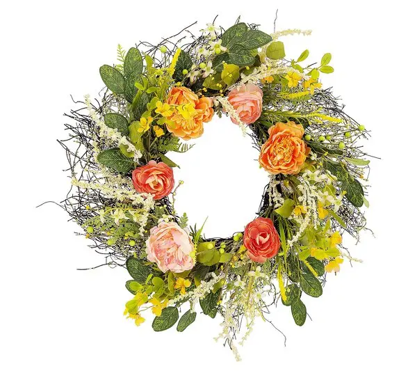 PULEO INTERNATIONAL 24' Artificial Peony Floral Spring Wreath