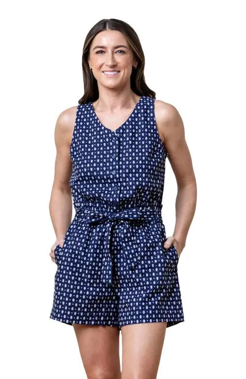HOPE & HENRY Sleeveless Linen-blend Romper - Navy Riviera Print