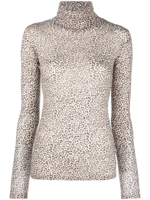 Saint Laurent Leopard Print Turtleneck Jumper - Brown